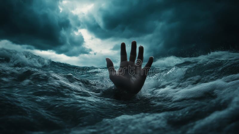 Hand Reaching Out from Stormy Ocean Waves, Dramatic Rescue Concept ...