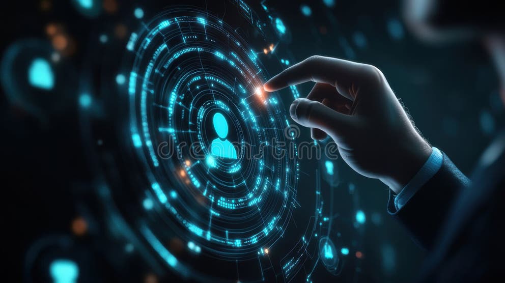 Hand Reaching Out To Interact with a Futuristic Digital Interface Displaying User Data in a High ...