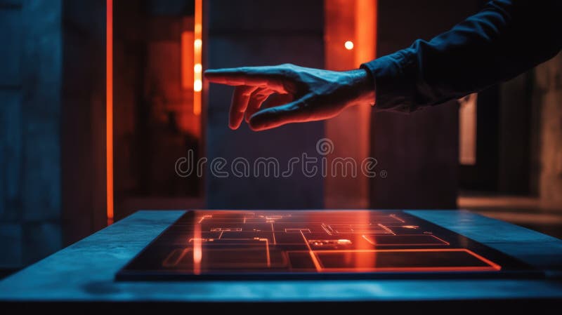 A Hand Reaching Out To Interact with a Glowing Red Touchscreen in a ...