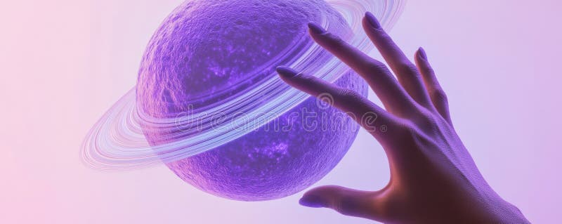 Hand Reaching Out To a Purple Planet with Rings Stock Image - Image of ...