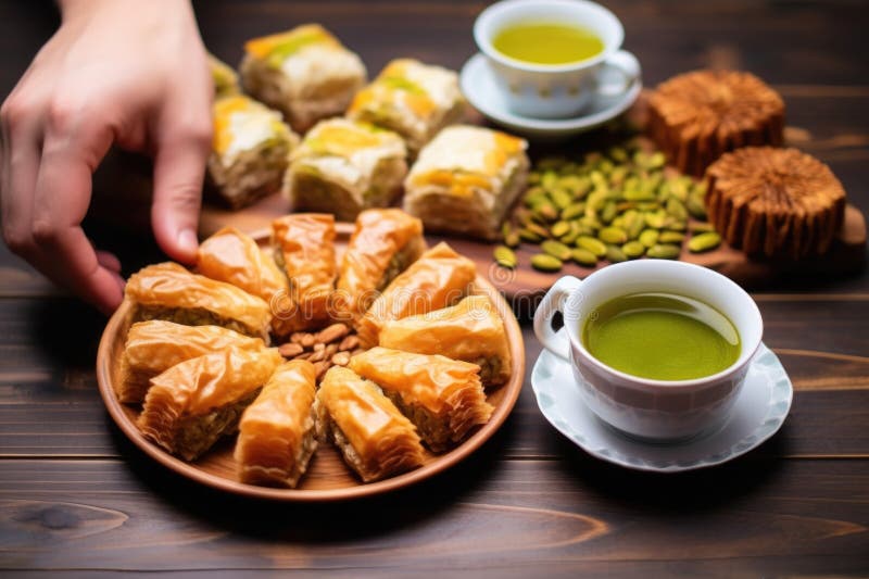 Hand Reaching Out To a Table Filled with Baklava and Coffee Stock Image ...