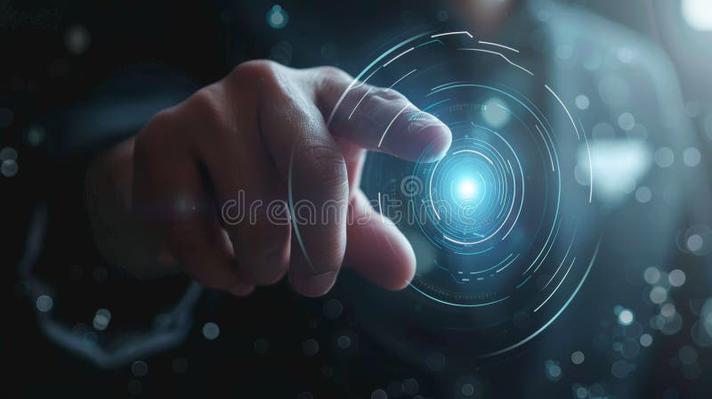 Hand Reaching Out To Touch a Blue Glowing Digital Interface ...