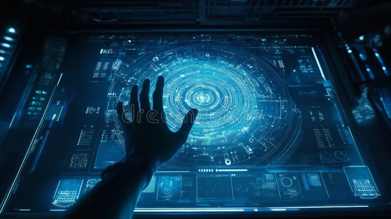 Hand is Reaching Out To Touch a Blue Screen with a Circle on it Stock ...
