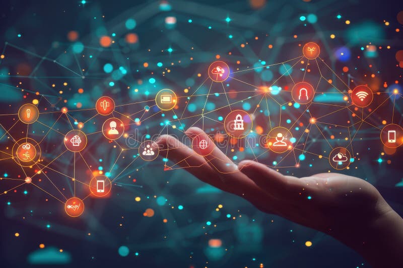 A Hand Interacting with a Network of Digital Icons and Lines Stock ...