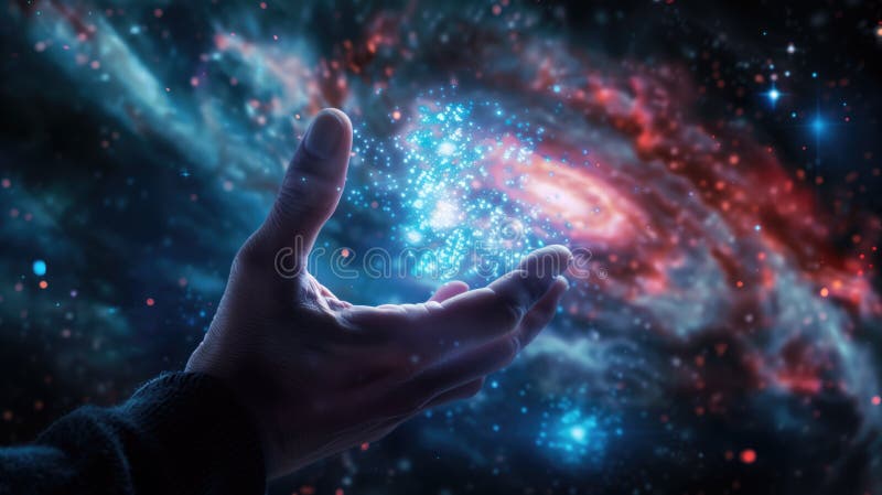 Hand Reaching Out To a Vibrant Cosmic Scene with Glowing Particles in ...