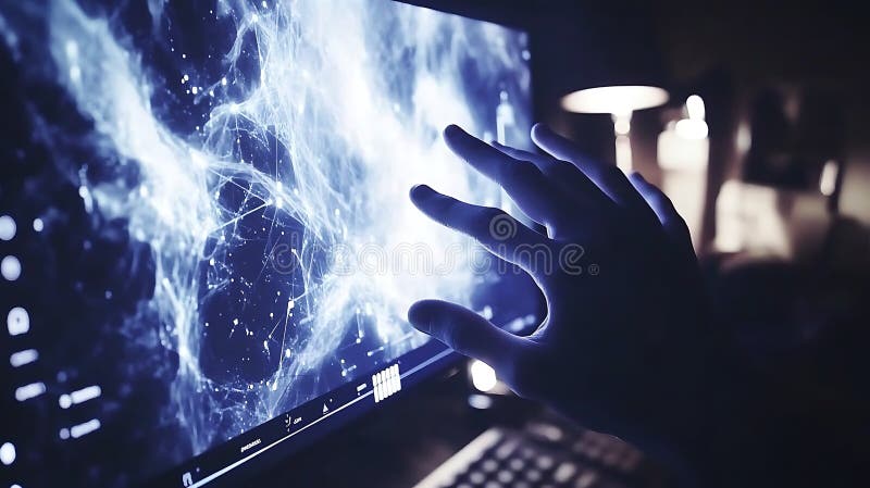 Hand Reaching Out and Touching a Computer Screen Display Stock ...