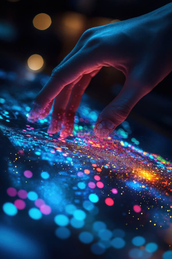 Hand Interacting with a Vibrant Futuristic Digital Data Interface Stock ...