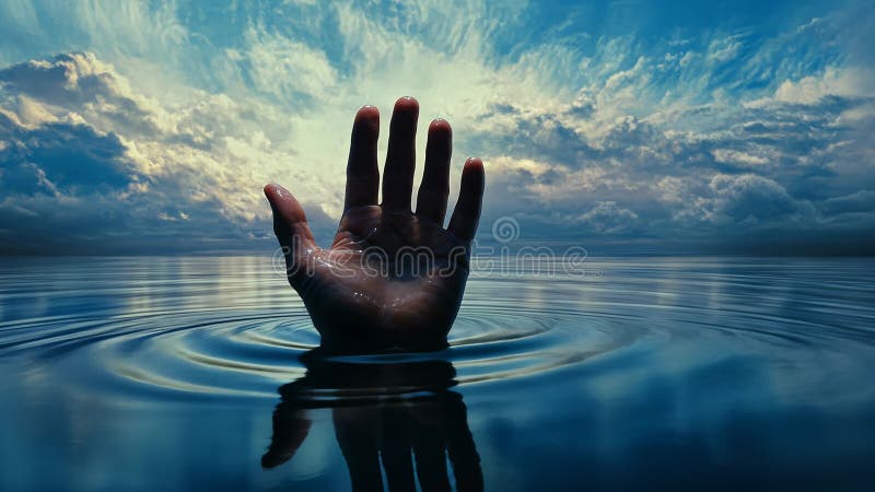 Hand Reaching Out of Water with Dramatic Sky, Reflection and Ripples ...