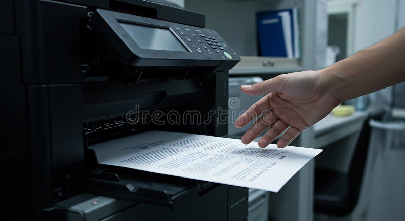 Printing Document from Office Printer by Hand on Brightly Lit Room ...