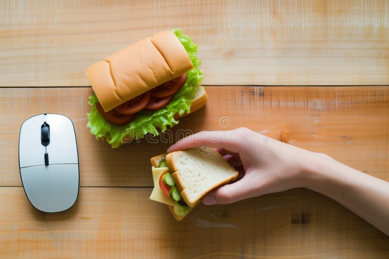 Hand Reaching for a Sandwich beside a Computer Mouse Stock Photo ...