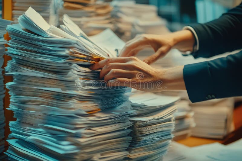 Hand Reaching for a Stack of Documents in an Office Setting Stock Photo ...