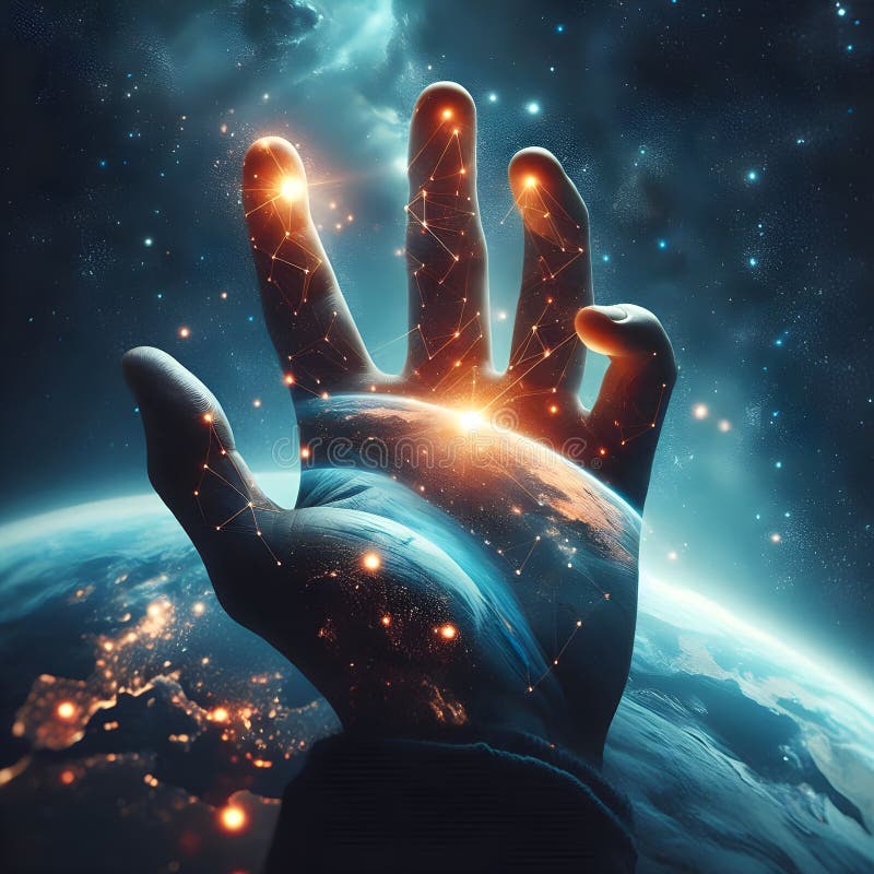 Hand Reaching for Stars, Connecting with Earth and Universe Stock ...
