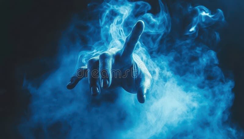 A Hand Reaching through Swirling Blue Smoke in a Mysterious Dark ...