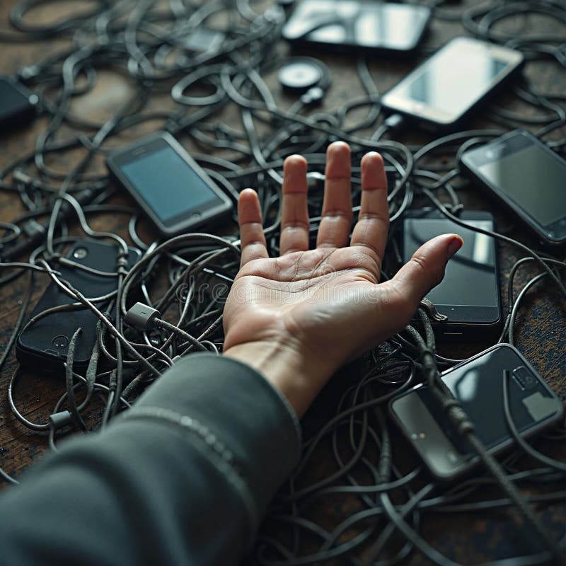 Hand Reaching through Tangled Electronic Cables Symbolizing Tech ...