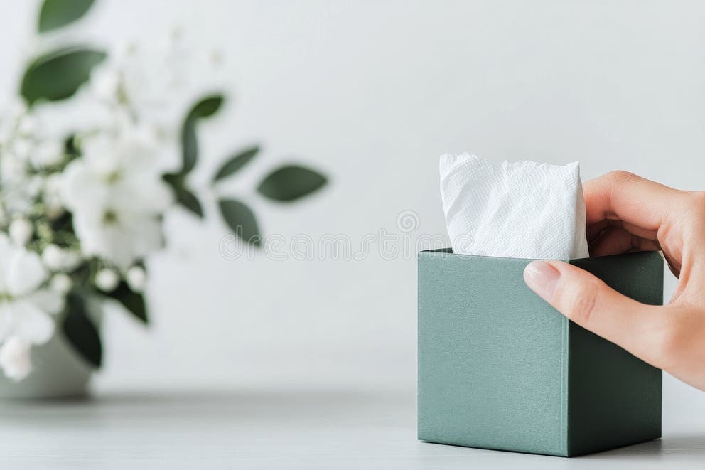 Hand Reaching for Tissue from a Teal Box on a White Table in a Calm ...