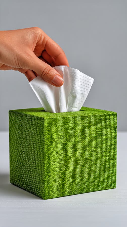 Hand Reaching for Tissues from a Green Tissue Box on a White Surface at ...