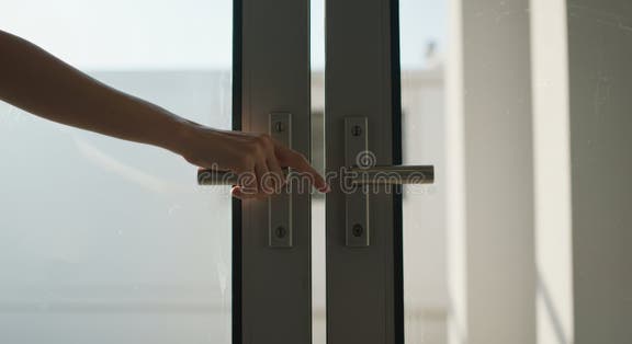 Hand Reaching To Open Door Handle in Minimalist Modern Interior Setting ...