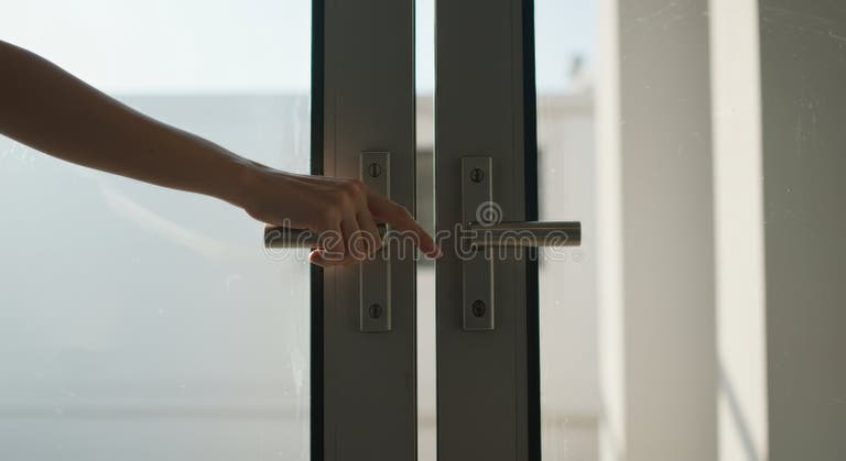 Hand Reaching To Open Door Handle in Minimalist Modern Interior Setting ...