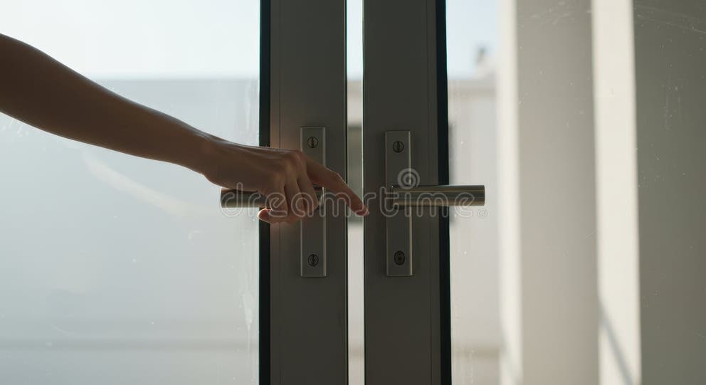 Hand Reaching To Open Door Handle in Minimalist Modern Interior Setting ...