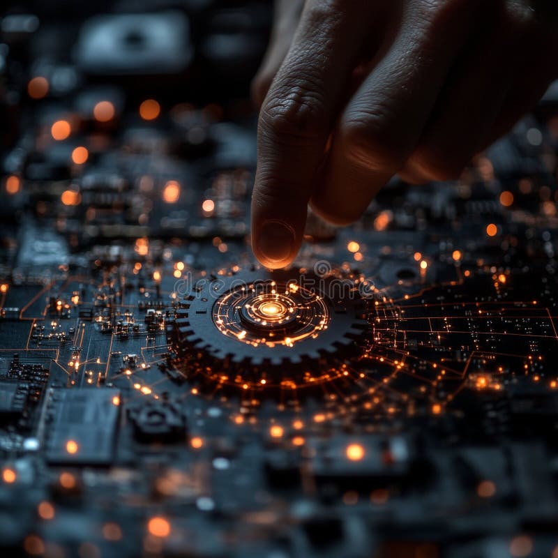 Hand Reaching To Touch Digital Gears Icon on Virtual Screen ...