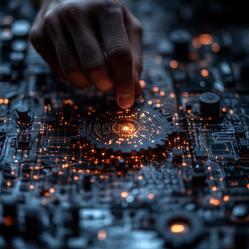 Hand Reaching To Touch Digital Gears Icon on Virtual Screen ...