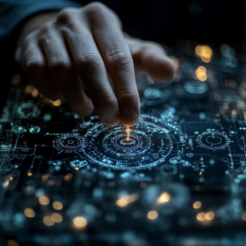 Hand Reaching To Touch Digital Gears Icon on Virtual Screen ...