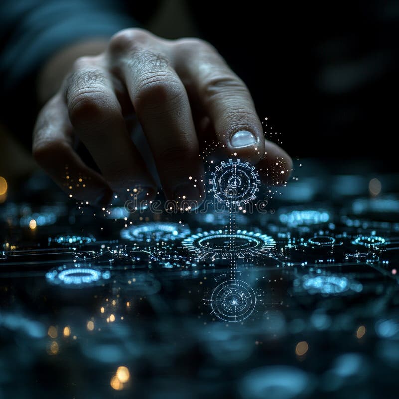 Hand Reaching To Touch Digital Gears Icon on Virtual Screen ...