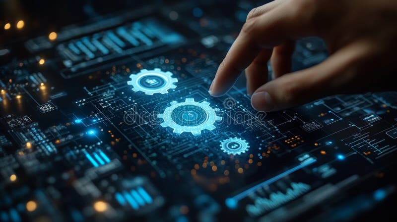 Hand Reaching To Touch Digital Gears Icon on Virtual Screen ...