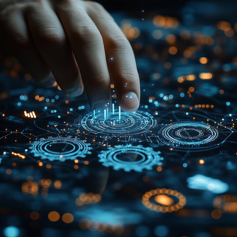 Hand Reaching To Touch Digital Gears Icon on Virtual Screen ...