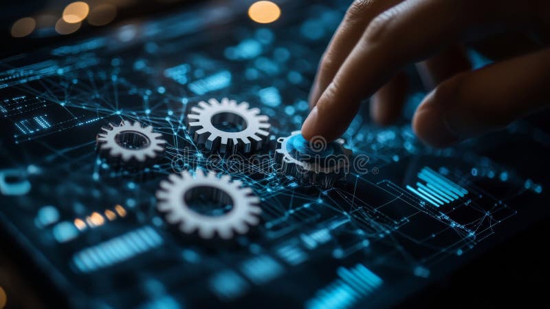 Hand Reaching To Touch Digital Gears Icon on Virtual Screen ...