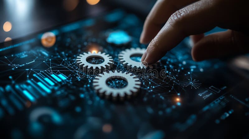 Hand Reaching To Touch Digital Gears Icon on Virtual Screen ...