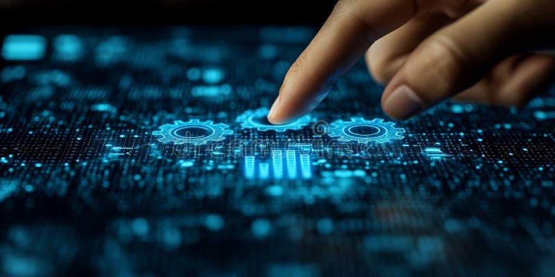 Hand Reaching To Touch Digital Gears Icon on Virtual Screen ...
