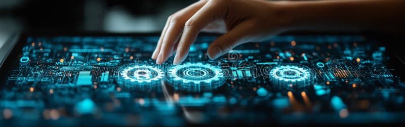 Hand Reaching To Touch Digital Gears Icon on Virtual Screen ...