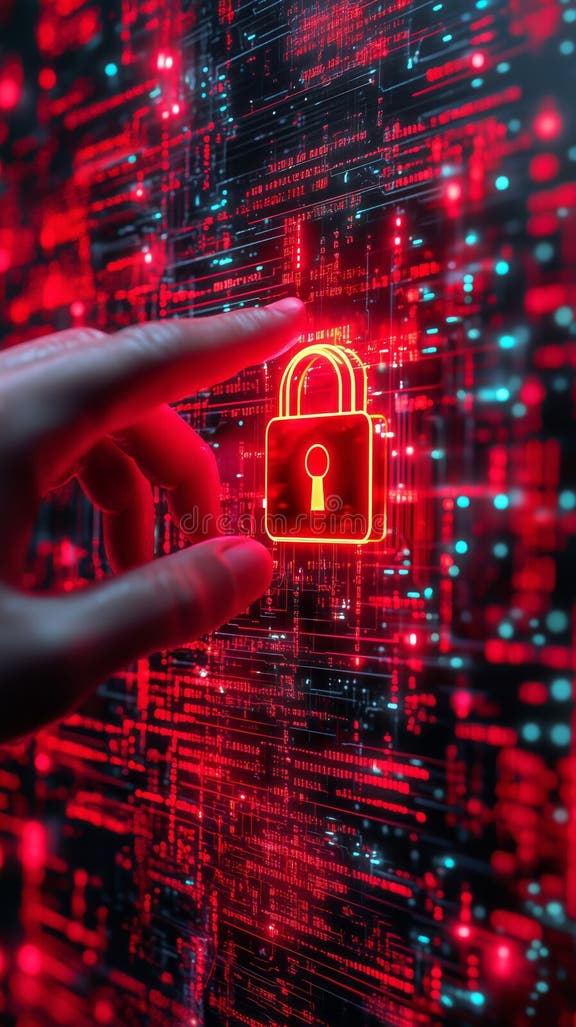 Hand Reaching To Touch Glowing Red Lock Symbol on Digital Interface ...