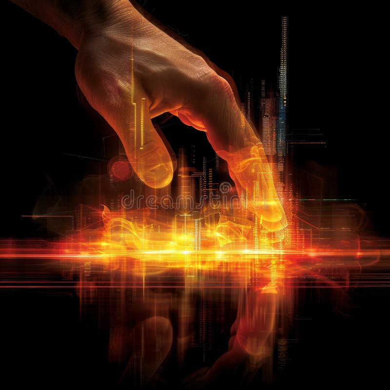 A Hand Reaching Toward a Glowing Digital Landscape in a Dark Setting ...