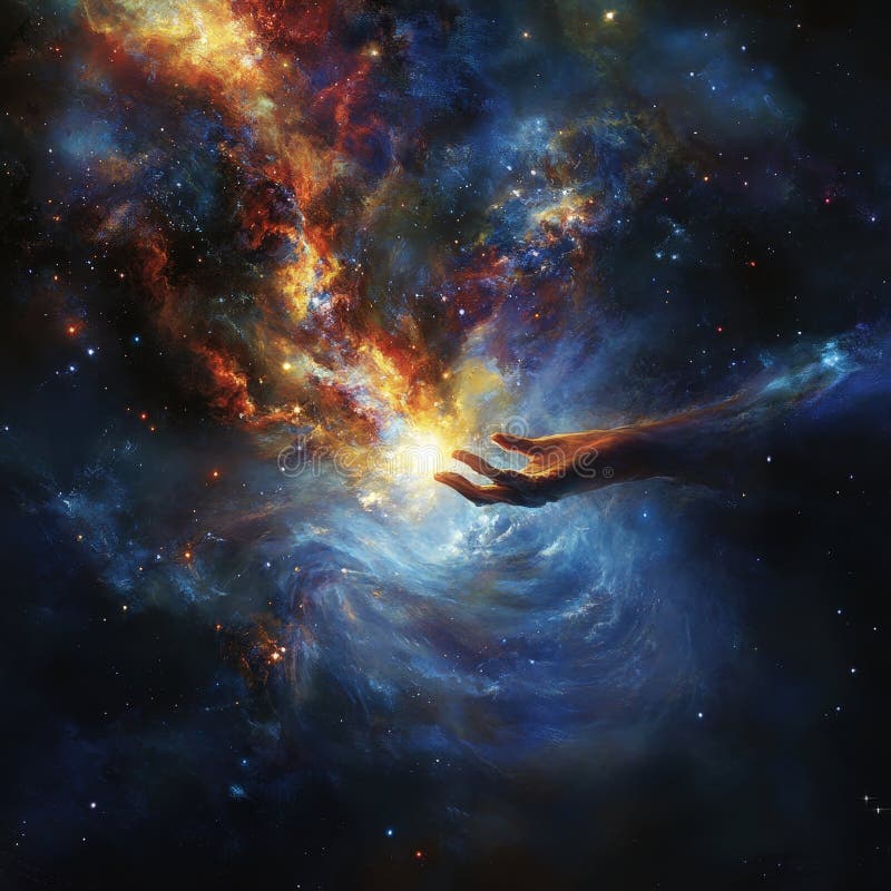 Hand Reaching Toward Swirling Cosmic Nebula in Deep Space Stock Image ...