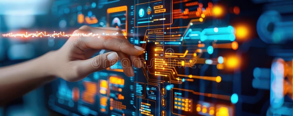 A Hand Reaching Towards a Digital Interface with Neon Graphs and Data ...