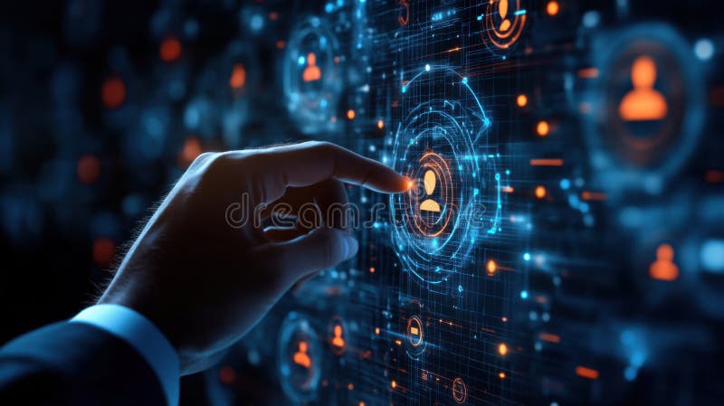 Hand Interacting with Digital Interface Showcasing User Profiles and ...