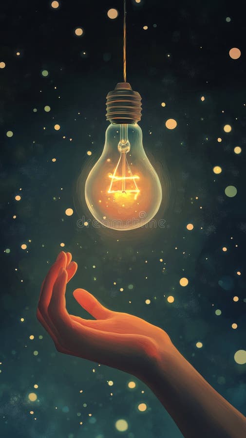 Hand Reaching Towards a Glowing Light Bulb Surrounded by Bokeh Lights ...