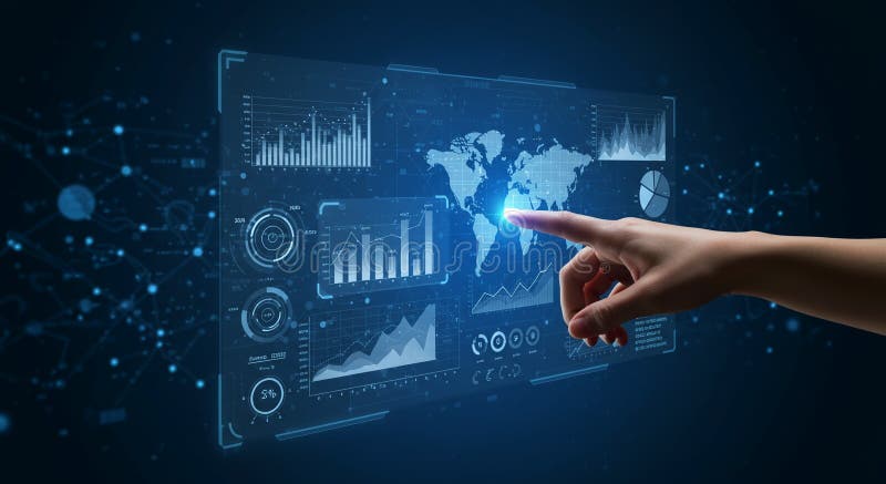 Hand Reaching Towards Holographic Data Visualizations and World Map ...