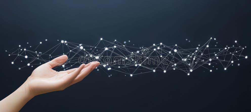 Hand Reaching Towards Network of Interconnected Dots on Dark Background ...