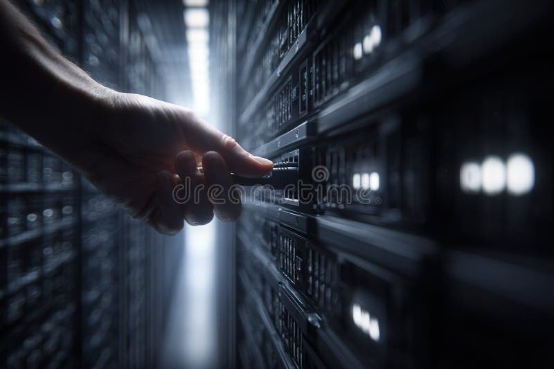 Hand Adjusting Server Equipment in a Dimly Lit Data Center Showcasing ...