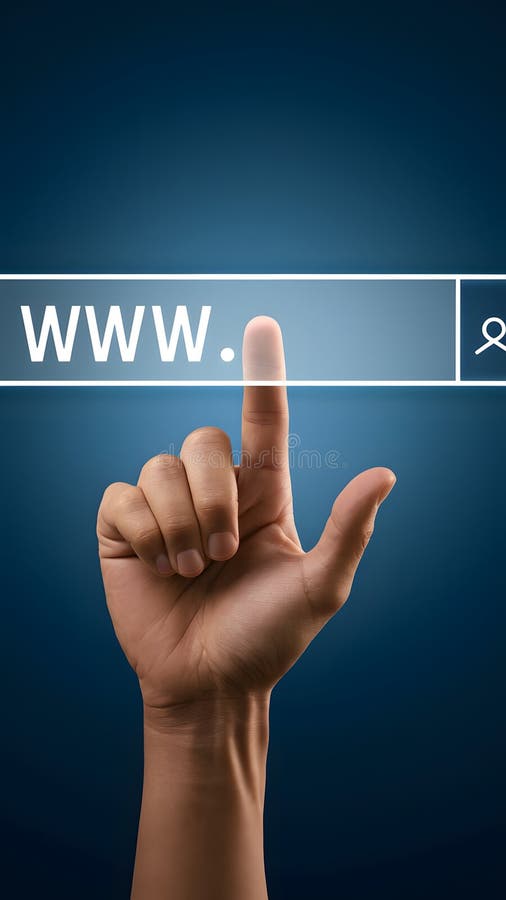 Hand Reaching Towards Virtual Search Bar on Blue Background ...