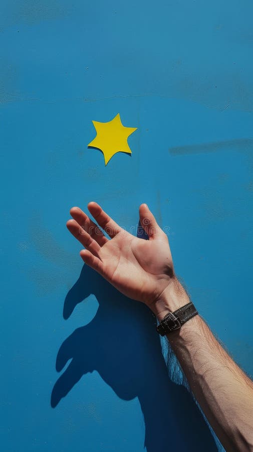 Hand Reaching Towards Yellow Star on Blue Background Stock Photo ...