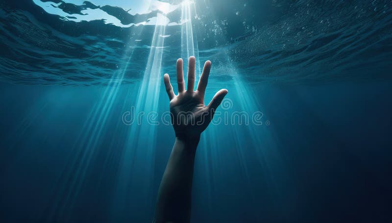 A Hand Reaching Up from Looking Bottom Up Deep Underwater, Trying To ...