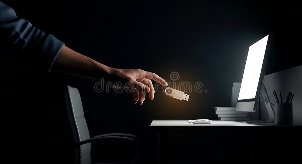 Hand Reaching for Usb Drive Near a Glowing Computer Screen Stock Image ...