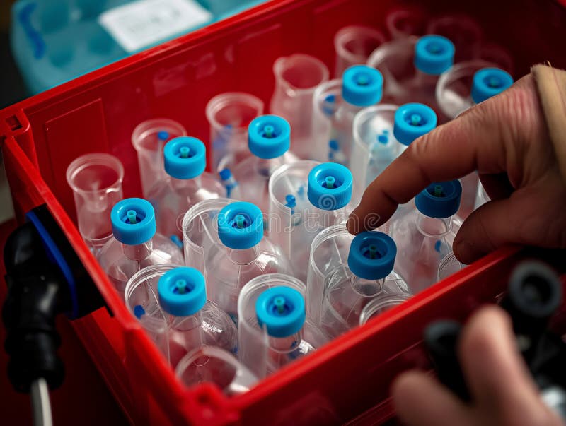 Hand Reaching for Vials in Red Container Stock Image - Image of clean ...