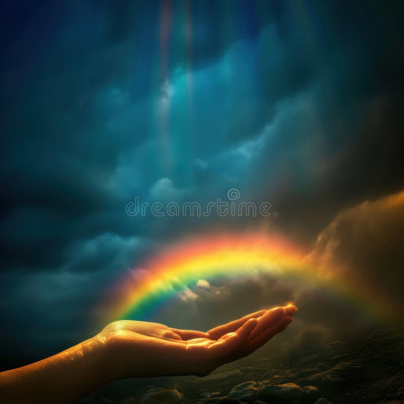 Hand Reaching for Vibrant Rainbow Against Dramatic Sky with Clouds and ...
