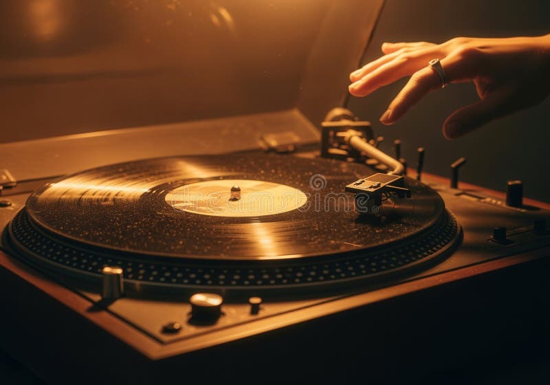 Hand Reaching for Vintage Vinyl Record on Turntable in Warm Lighting ...