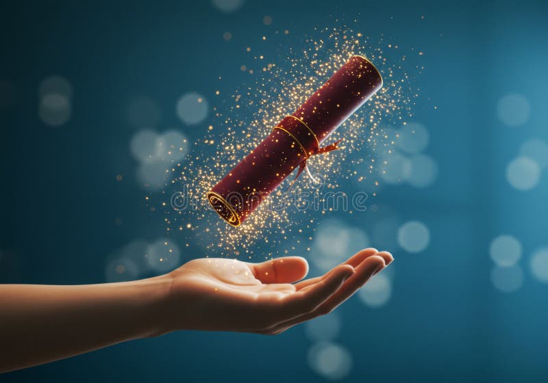 Hand Receiving a Magical Red Certificate with Golden Sparkles Stock ...